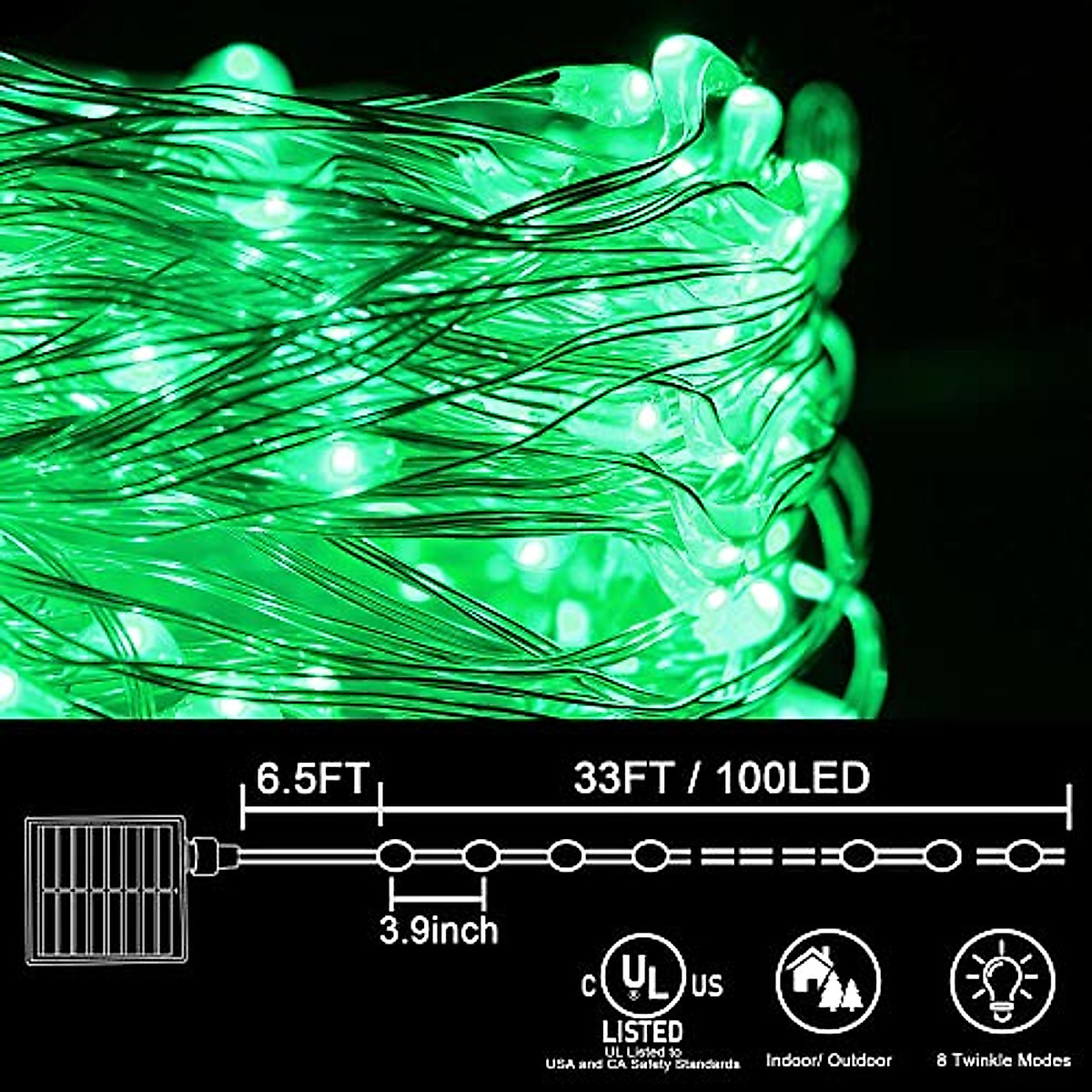 kemooie 2 Packs Solar String Lights, 100 LED 33FT 8 Twinkle Modes Green Solar Powered Fairy Lights, Waterproof for Outdoor, Tree, Garden, Christmas Decorations (Green)
