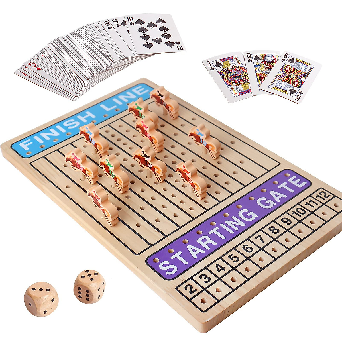 BESTAMTOY Horse Racing Game Wooden Challenge Toy Poker Board Game with 11 Durable Horses Dice and Cards for Kids Family Game Brain Teaser Gambling Game