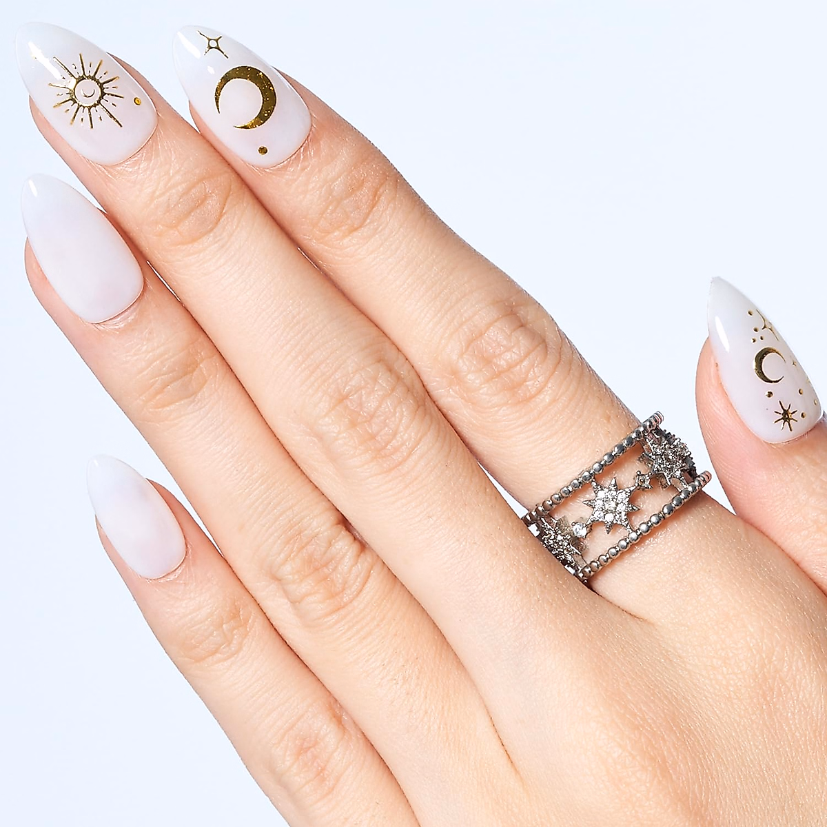 GLAMERMAID White Press On Nails Short Almond, 3D Gothic Handmade Soft Jelly Gel Fake Nails with Golden Star Blossom Design, Round Oval Stick Glue on Nail Kit for Women, Reusable Acrylic False Nail Set