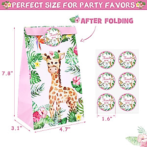 Safari Goodie Bags Jungle Party Favors Bags Pink Floral Wild Animals Treat Candy Gift Paper Bags with Thank You Stickers for Birthday Party Supplies Decorations Set of 24