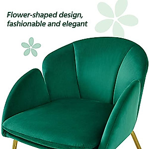 Yaheetech Velvet Dining Chair, Flower Shaped Armchair with Golden Legs, Upholstered Side Chair for Kitchen Dining Room Living Room, Set of 2, Green