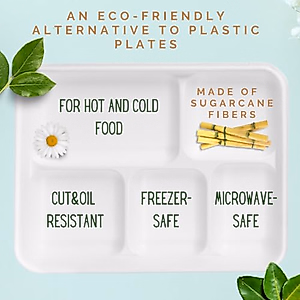 ECORIYO Divided Paper Plates - 50-Pack of Heavy Duty Disposable Plates with Compartment - Compostable Sugarcane 5 Compartment Disposable Plates - 10.5 x 8.5 x 1 Inch