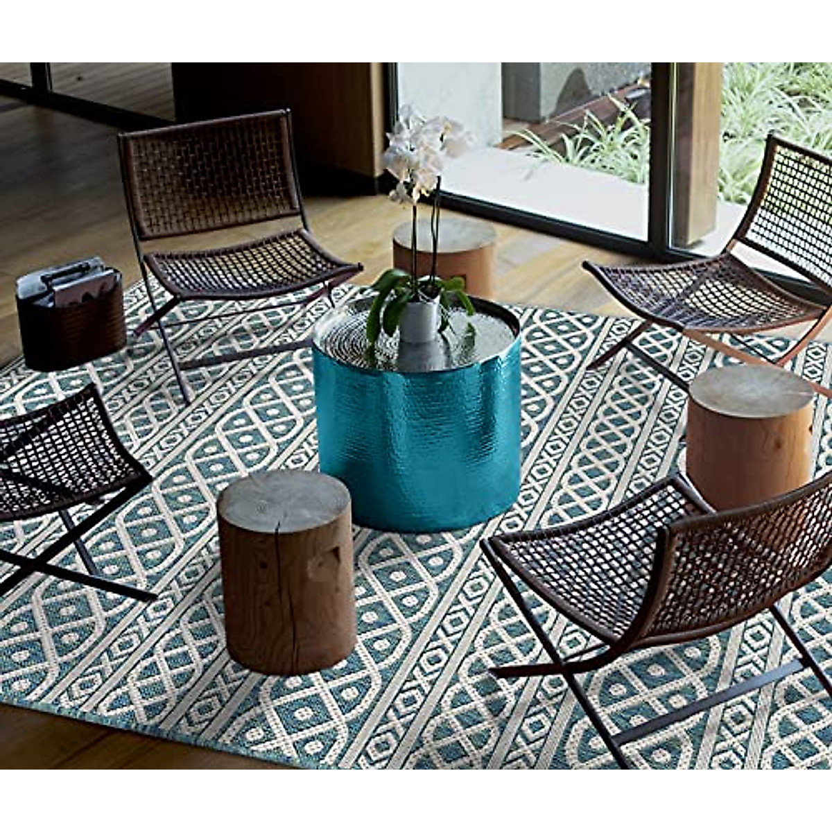 RUGBUGGERY Indoor Outdoor Anti-Fade Moroccan Boho Panel Area Rug 8'x10' Ocean Blue (Bohemian, Southwestern, Transitional, Pet Friendly, Non Shedding, Stain Resistant)