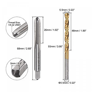 uxcell 1/4-32 UNEF Straight Flute Thread Tap and 5.5mm Twist Drill Bit Set, Titanium Plated 6542 High Speed Steel Drilling Bit Machine Threading Tap