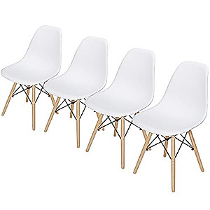 HANGKAI Elegant Home DSW Dinning Chair,Mid-Century Style Chair Plastic Dining Shell Chair with Wooden Leg for Dining & Dressing Table-Set of 4,White