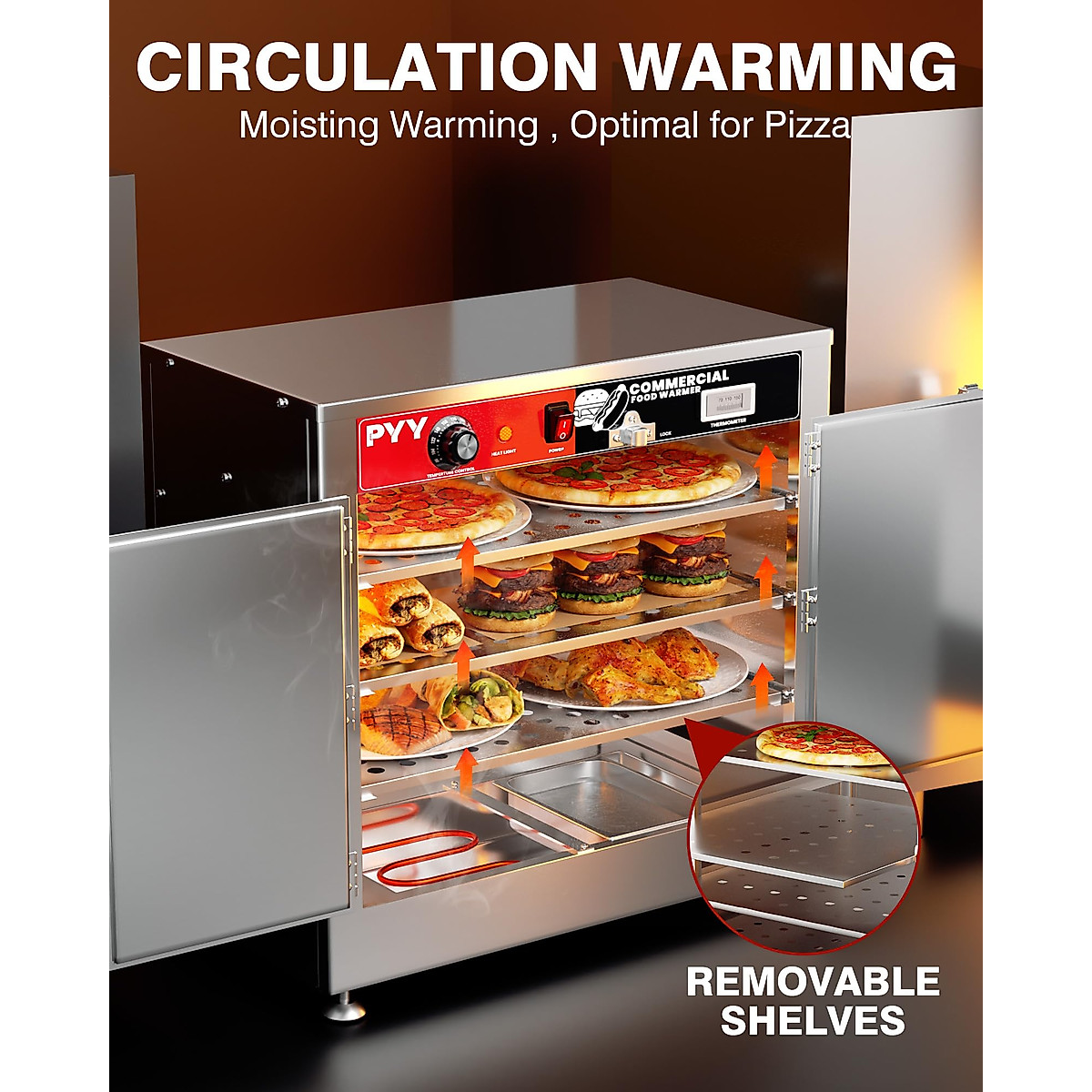 PYY Hot Box Food Warmer - 4 Tier Commercial Catering Warming Cabinet for Pizza Pretzel, Electric Countertop Heating Machine for Restaurant, Stainless Steel Dual Door with Water Tray and Thermometer