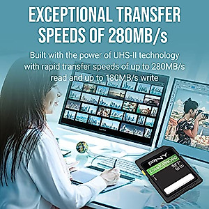 PNY 128GB EliteX-PRO60 UHS-II SDXC Memory Card - R280MB/s W100MB/s, U3, V60, 4K UHD, Full HD, UHS-II for Professional Photographers & Content Creators, DSLR Mirrorless Cameras, Advanced Video Cameras