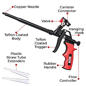 Spray Foam Gun, Wolline (2 Foam Gun + 8 Nozzle) Spray Foam Insulation Gun, Teflon-Coated Professional Expanding Spray Foam Applicator, Foam Dispensing Gun, Insulating Foam Applicator Red - 2 Pack