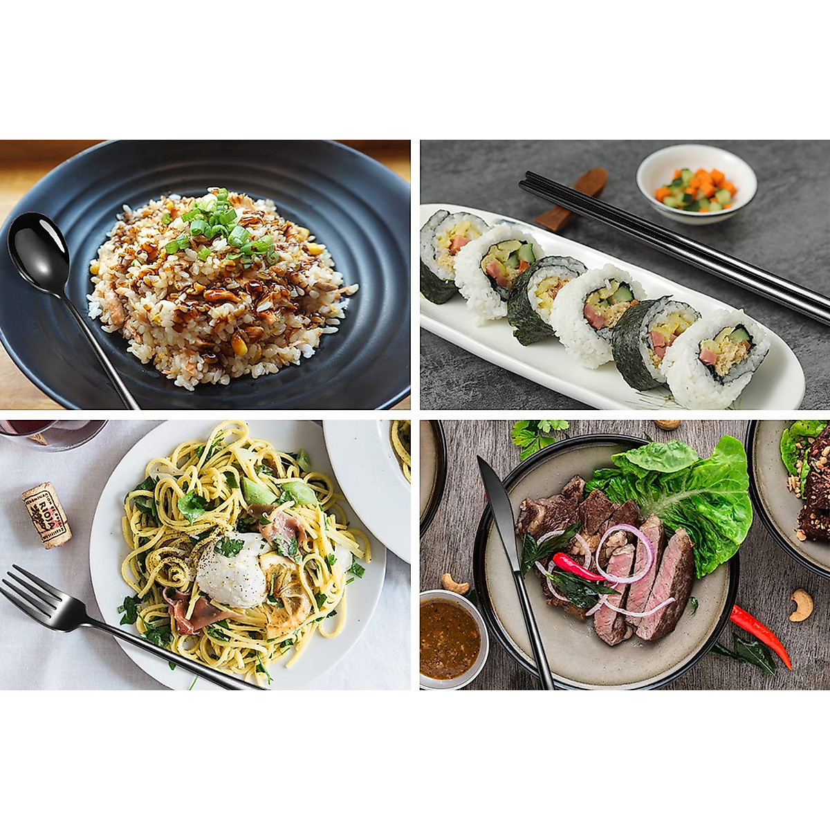 AARAINBOW 6 Pieces 18/8 Stainless Steel Flatware Set Portable Reusable Cutlery Set Travel Utensils Set Including Chopsticks Knife Fork Spoon Straws Cleaning Brush Dishwasher Safe (Black)