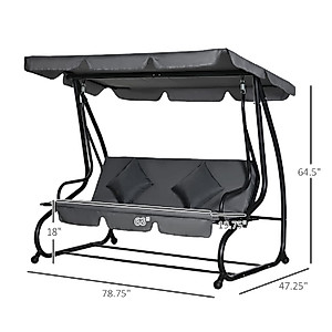 Outsunny 3-Seat Outdoor Patio Swing Chair, Converting Flatbed, Outdoor Swing Glider with Adjustable Canopy, Removable Cushion and Pillows, for Porch, Garden, Poolside, Backyard, Gray