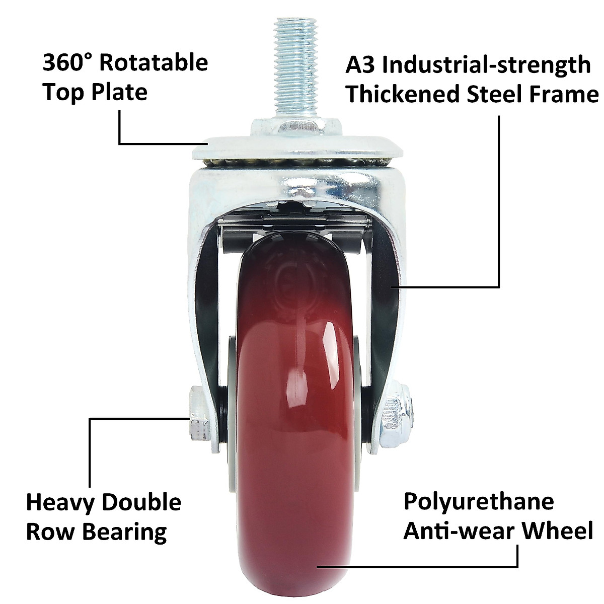 Finnhomy Swivel Caster Wheels 4 Inch Threaded Stem Casters Set of 4 Heavy Duty 1/2"-13 x 1" with Brake Polyurethane Industrial Locking Castors Wheels for Cart/Furniture 2200 Lbs Smooth Casters, Red