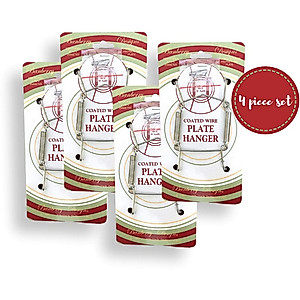 BANBERRY DESIGNS Chrome Vinyl Coated Plate Hanger 3.5 to 5 Inch Plate Hanger Set of 4 Hangers - Includes Hanging Hook and Nail