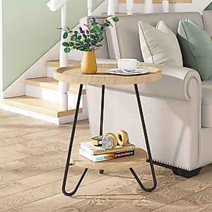 Tribesigns Round Side Table, 2-Tier End Table with Metal Legs, Modern Industrial Beside Table, Small Accent Table Snack Table for Living Room, Bedroom, Small Space, Easy Assembly, Brown