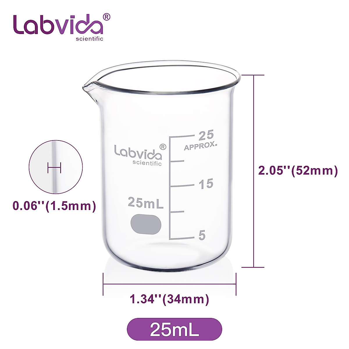 Labvida 24pcs of Low Form Glass Beakers, 3.3 Borosilicate with Printed Graduation, Vol.25ml,LVA037