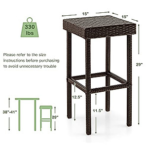 HAPPYGRILL Set of 2 Patio Bar Stools Outdoor PE Rattan Bar Chairs with Sturdy Steel Frame and Footrests, PE Wicker Bar Stools for Backyard Poolside Garden