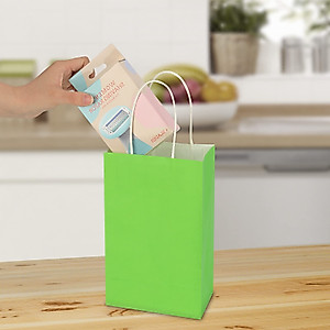 50 Pack 5.25x3.25x8.25 Inch Small Grass Green Kraft Paper Bags with Handles Bulk, Toovip Gift Wrap Bags for Favors Grocery Retail Party Birthday Shopping Business Goody Craft Merchandise Take Out Bags