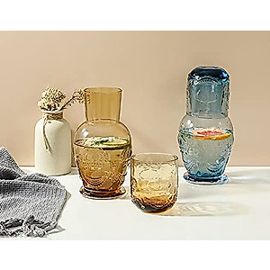 RockTrend Retro Crown Relief Clear Glass Bedside Night Water Carafe with Tumbler Glass, Pitcher And Cup Night Set