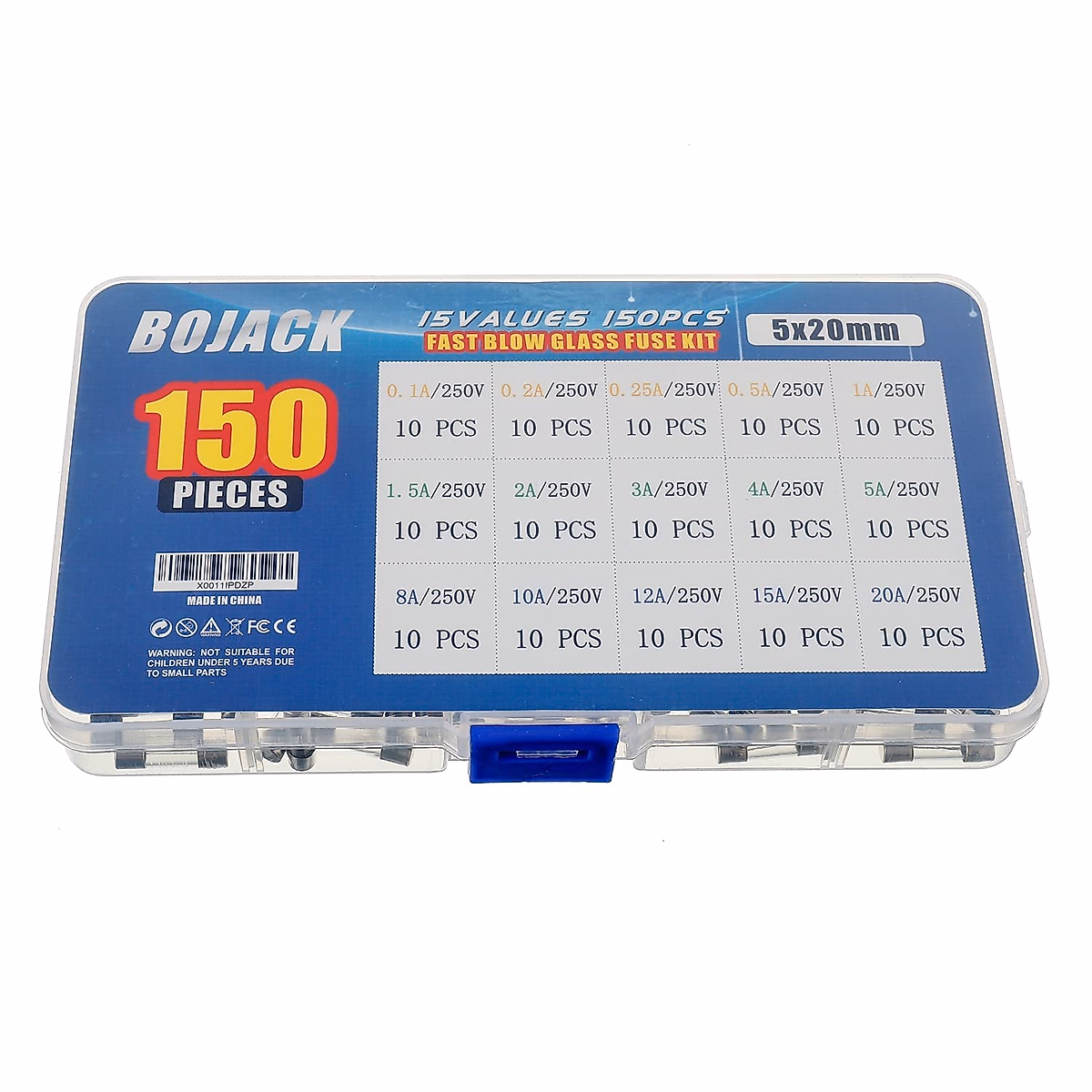 BOJACK 15 Values 150 pcs Fast Blow Glass Fuses Assortment Kit 5x20 mm 250 V 0.1 0.2 0.25 0.5 1 1.5 2 3 4 5 8 10 12 15 20 A packag in a Clear Plastic Box