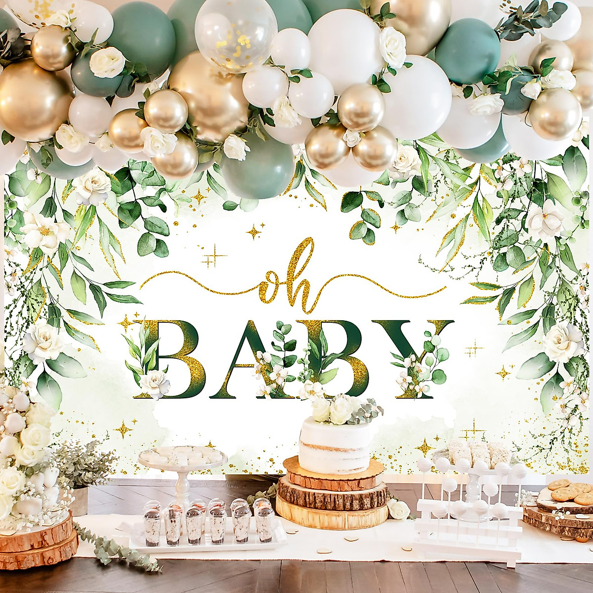 Avezano Greenery Boy Baby Shower Decorations Banner Floral Green Sage Oh Baby Backdrop Gold Glitter Greenery Leaves Gender Neutral Baby Shower Decorations 70.8 x 43.3 Inch