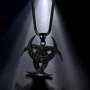 Celtic Knot Necklace Viking Pendant - Norse Mythology Jewelry Triple Odin Horn Crescent Moon Necklace Mens 316L Stainless Steel Triskelion Amulet Pewter Tribal Protection Triskele Jewelry SP0053B