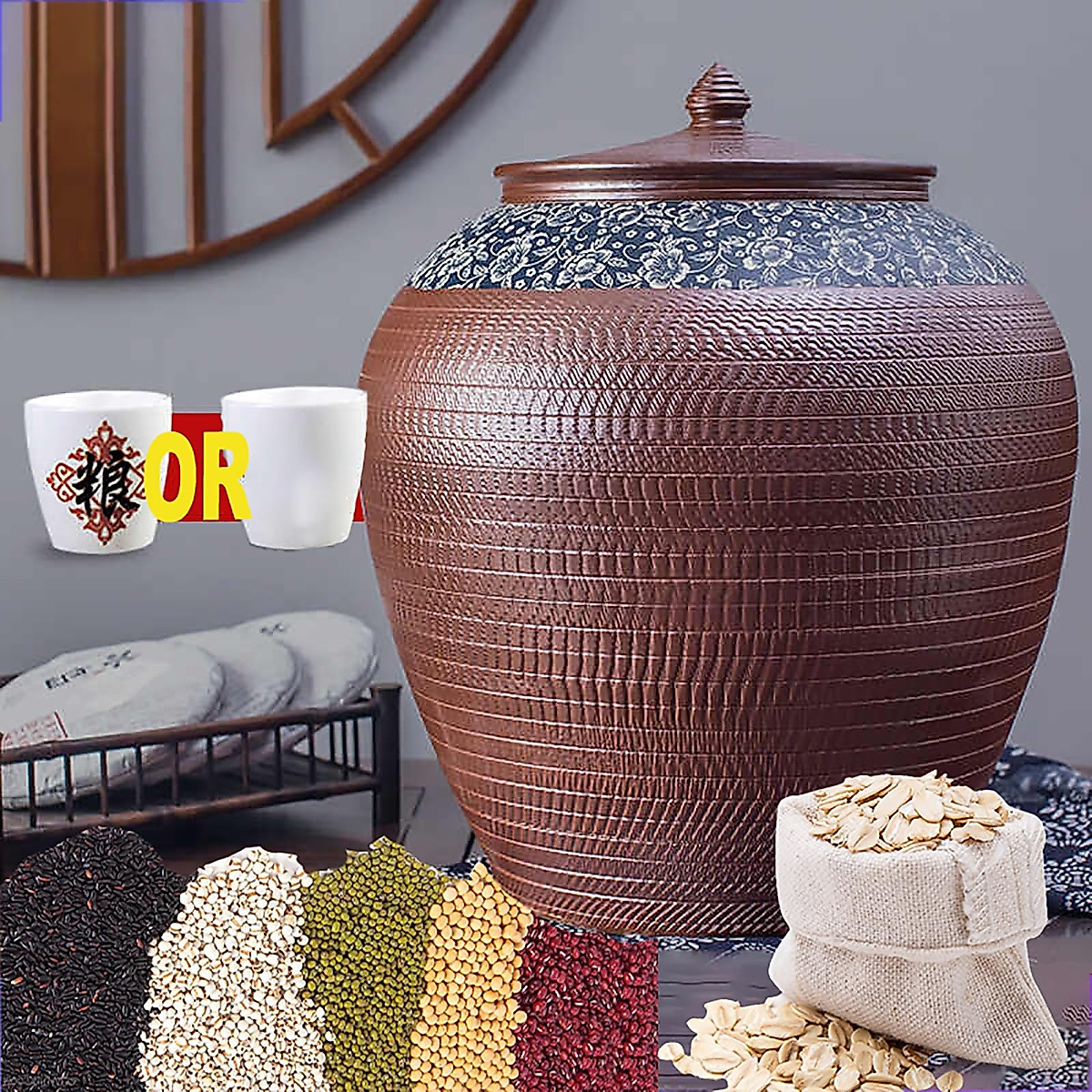 Home Rice Storage Box - Classic Food Storage Porcelain Bottle, Kitchen Sealed Jar With Lid Grain Dispenser(10/25 / 50KG), Ceramic Food Storage Jar Beans Corns Wheat Oatmeal Grain Storage Bin(A,Capac