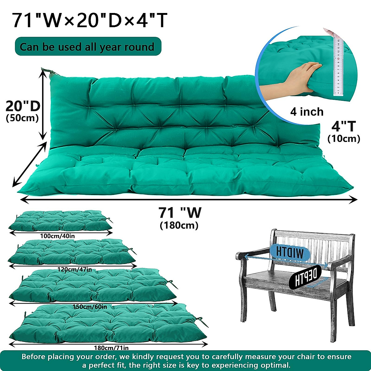 VKETU Outdoor Swing Cushions 3 Seater Waterproof, Replacement Bench Cushions for Outdoor Patio Furniture with Backrest, Porch Swing Cushion with Ties for Lawn and Garden (Lake Blue, 40x71in)