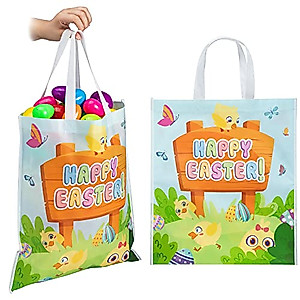 JOYIN 12 Pcs Easter Tote Bags, 17"x15" Canvas Creamed Tone Gift Kraft Treat Goodie Reusable Grocery Bags and Basket with Handles for Easter Egg Hunt Party Favors