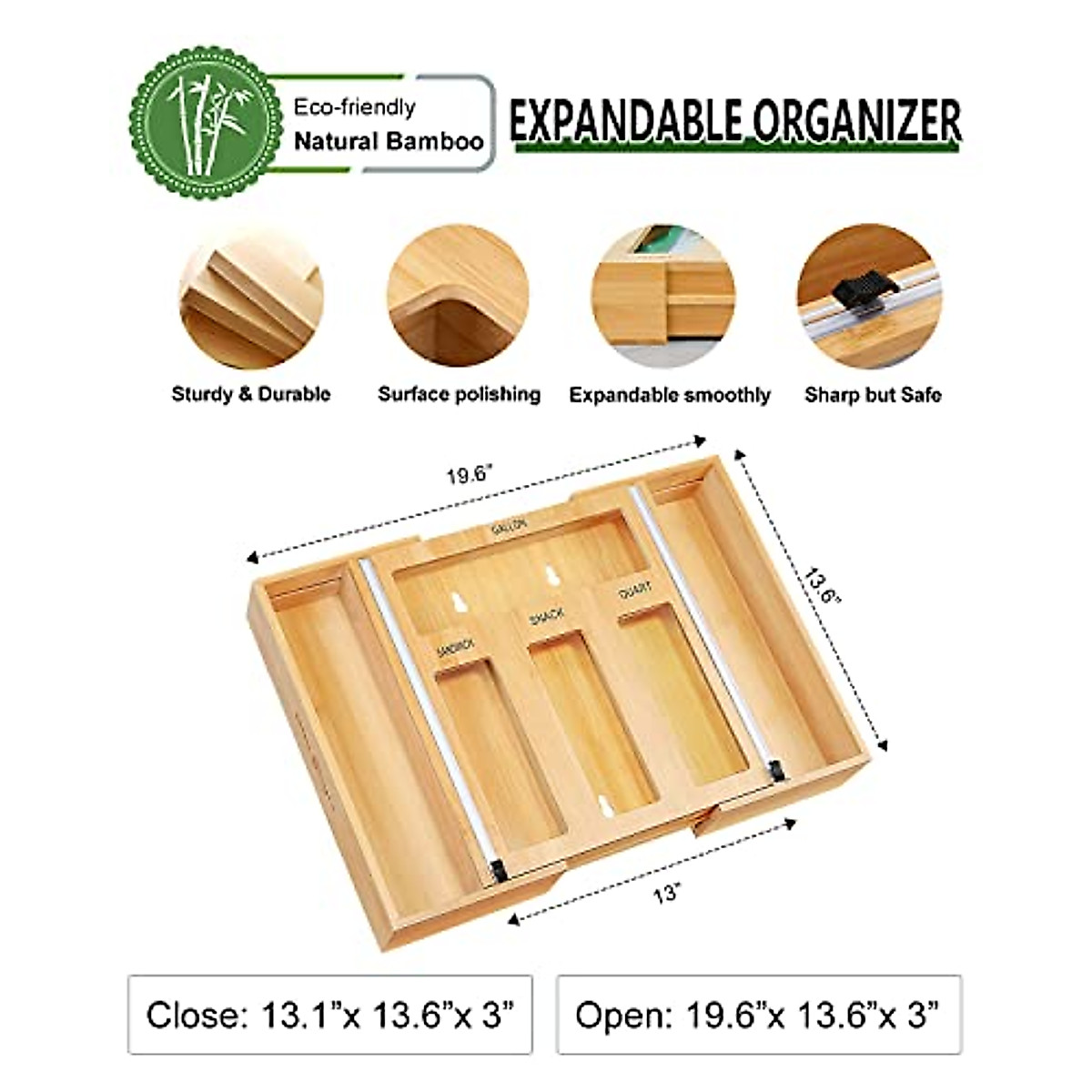 HikeSkyer Ziplock Bag Organizer, Plastic Wrap Dispenser with Cutter, 6-In-1 Expandable Kitchen Drawer Organizer, Compatible with Gallon, Quart, Sandwich, Snack Bag, Foil and Wax Paper