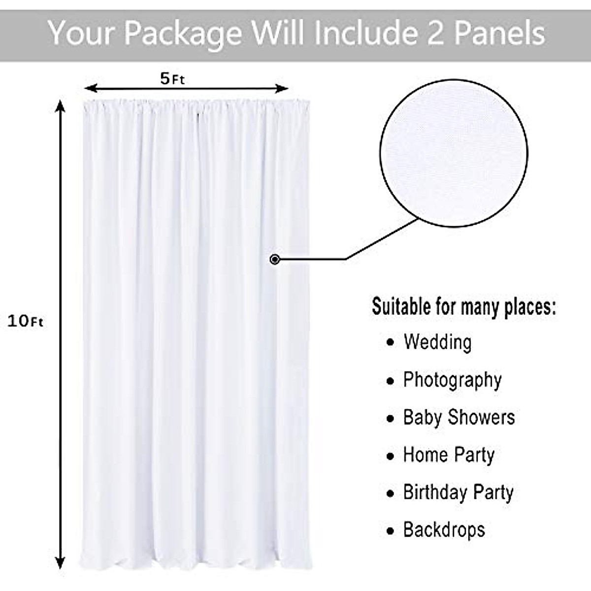 Hiasan White Backdrop Curtains for Parties, Polyester Photography Backdrop Drapes for Family Gatherings, Wedding Decorations, 5ftx10ft, Set of 2 Panels