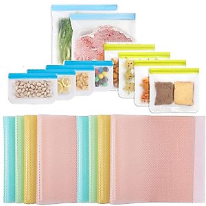 HOMGEN Exclusive Innovation 8pcs Refrigerator Liners&10Pcs Reusable Snack Bags for Kids Set (4 Reusable Sandwich Bags, 4 Reusable Snack Bags, 2 Freezer Gallon Bags) Perfect for Fridge Used