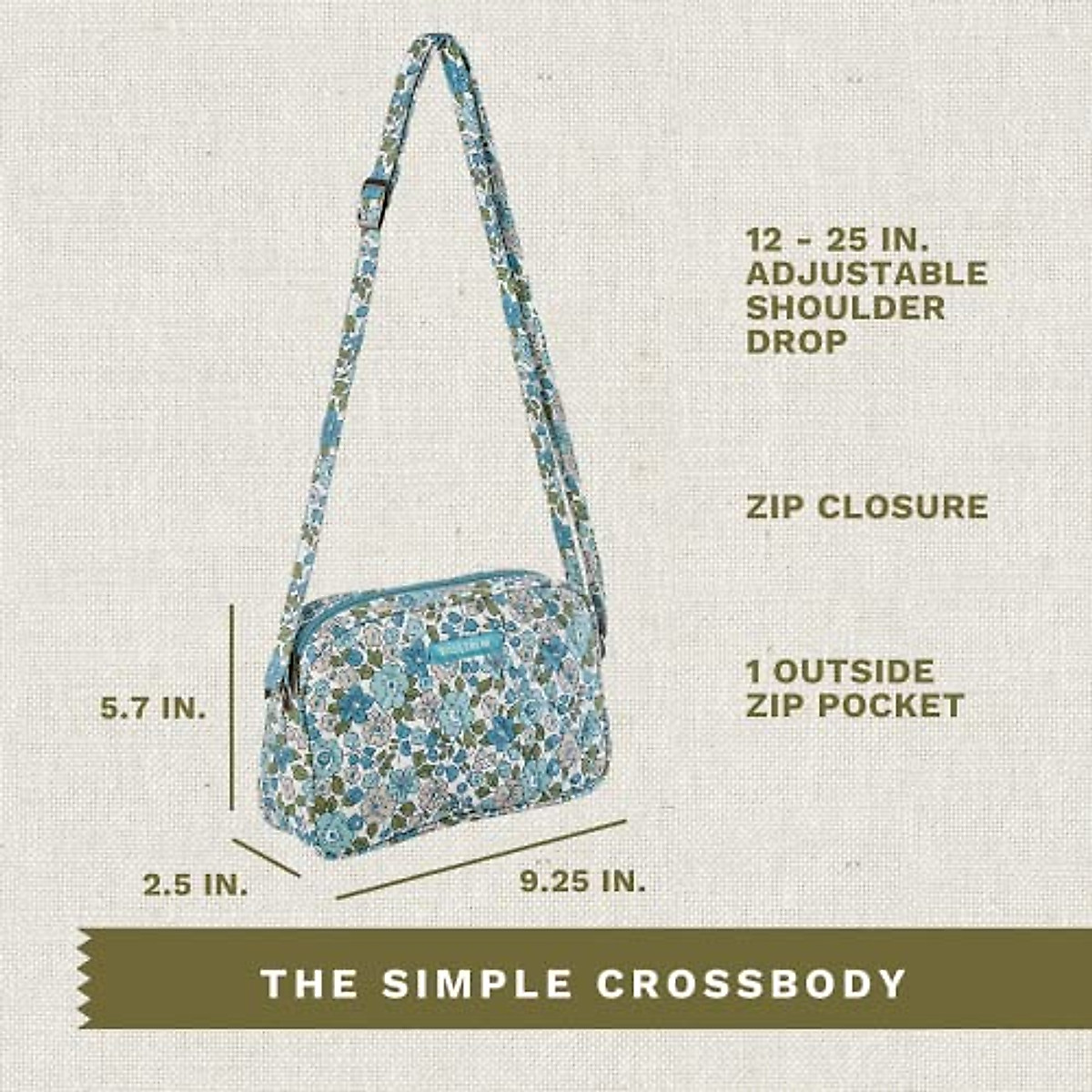 Bella Taylor Country Floral Feedsack Collection, Quilted Cotton Simple Crossbody Handbag for Women, Delicate Floral Blue