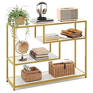 LINSY HOME Console Table, 4-Tier Sofa Tables for Entryway, Narrow Tables with Open Storage Shelves, 39.3” Console Tables for Entryway, Hallway, Sofa, Couch, Living Room, Bar, Kitchen, White Gold