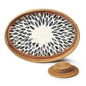 GaiaMade Large Rattan Mother of Pearl Inlay Serving Tray with 5 Coasters (1 Large, 4 Small), Coffee Serving Tray Set, Wicker Serving Tray for Coffee Table, Breakfast and Decoration, Oval Dark Blue