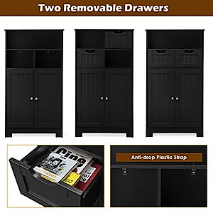Tangkula Bathroom Floor Cabinet, Storage Cabinet w/Open Shelf, 2 Doors & 2 Adjustable Drawers, Standing Cupboard for Kitchen, Bathroom Floor Cabinet for Living Room Home Office (Black)