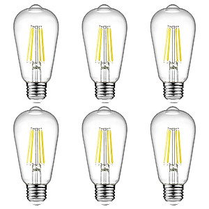 Ascher Vintage LED Edison Bulbs, 6W, Equivalent 60W, High Brightness Daylight White 4000K, ST58 Antique LED Filament Bulbs with 80+ CRI, E26 Medium Base, Non-Dimmable, Clear Glass, Pack of 6