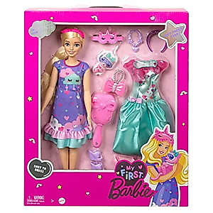 Barbie Doll for Preschoolers, My First Barbie “Malibu” Deluxe Doll, Blonde with Accessories, Soft Poseable Body, Party & Bedtime Themed Fashions