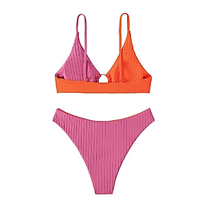 SOLY HUX Women's Sexy Bikini Set Color Block Ring Linked Bathing Suits 2 Piece Swimsuit Orange and Pink S