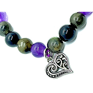 DCE Triple Stone OPTIMUM PROTECTION Gemstonets - Evil Eye for Protection - Labradorite - Amethyst - Black Tourmaline Beaded Healing Crystal Elastict with Heart Charm By DAZZLING CRYSTA
