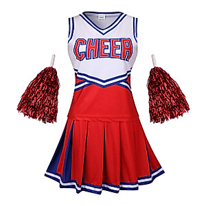 GRAJTCIN Women's Cheerleader Costume Halloween 3-Pieces High School Girl Cheerleading Outfit with Pom Pom(Medium, Red)