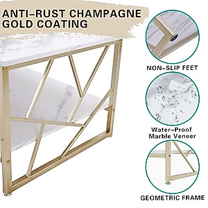 MKJLWO White Coffee Tables for Living Room, Square Marble Gold Coffee Table 2-Tier Storage Modern Center Table White Home Furniture Office Decor 43×21in