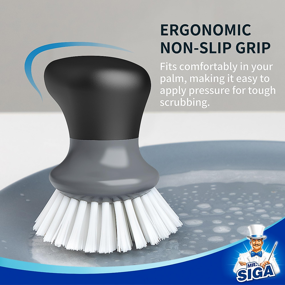 MR.SIGA Dish Scrub Brush, Palm Brush Dish Scrubber with Ergonomic Grip, Kitchen Brushes for Dishes, Gray, Pack of 2