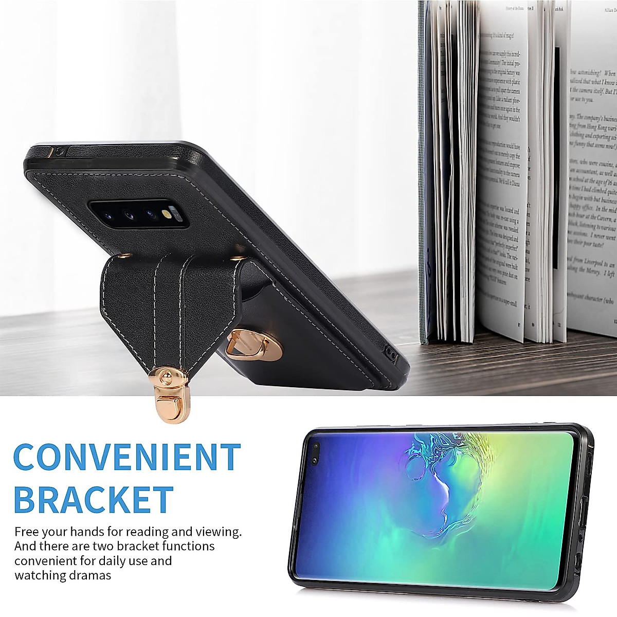 Furiet Compatible with Samsung Galaxy S10 Plus Wallet Cover with Crossbody Strap and Leather Card Holder Clasp Stand Flip Purse Shockproof Phone Cover for S10+ S10plus 10S Edge S 10 10plus Black