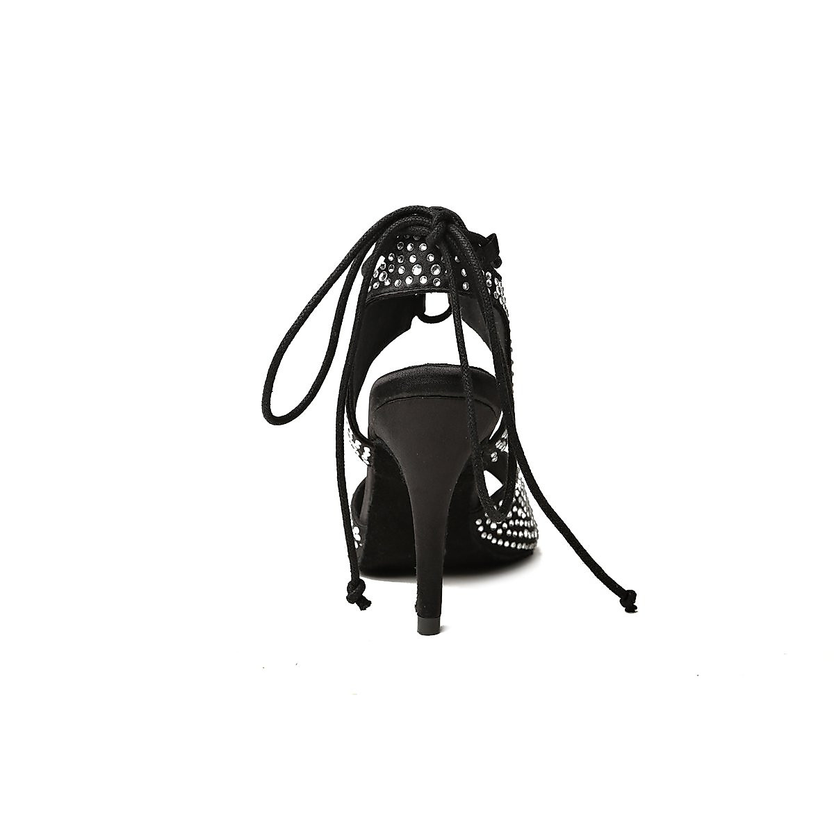 Minishion GL251 Women's Lace-up Crystals Black Satin Latin Dancing Shoes Evening Sandals US 6.5