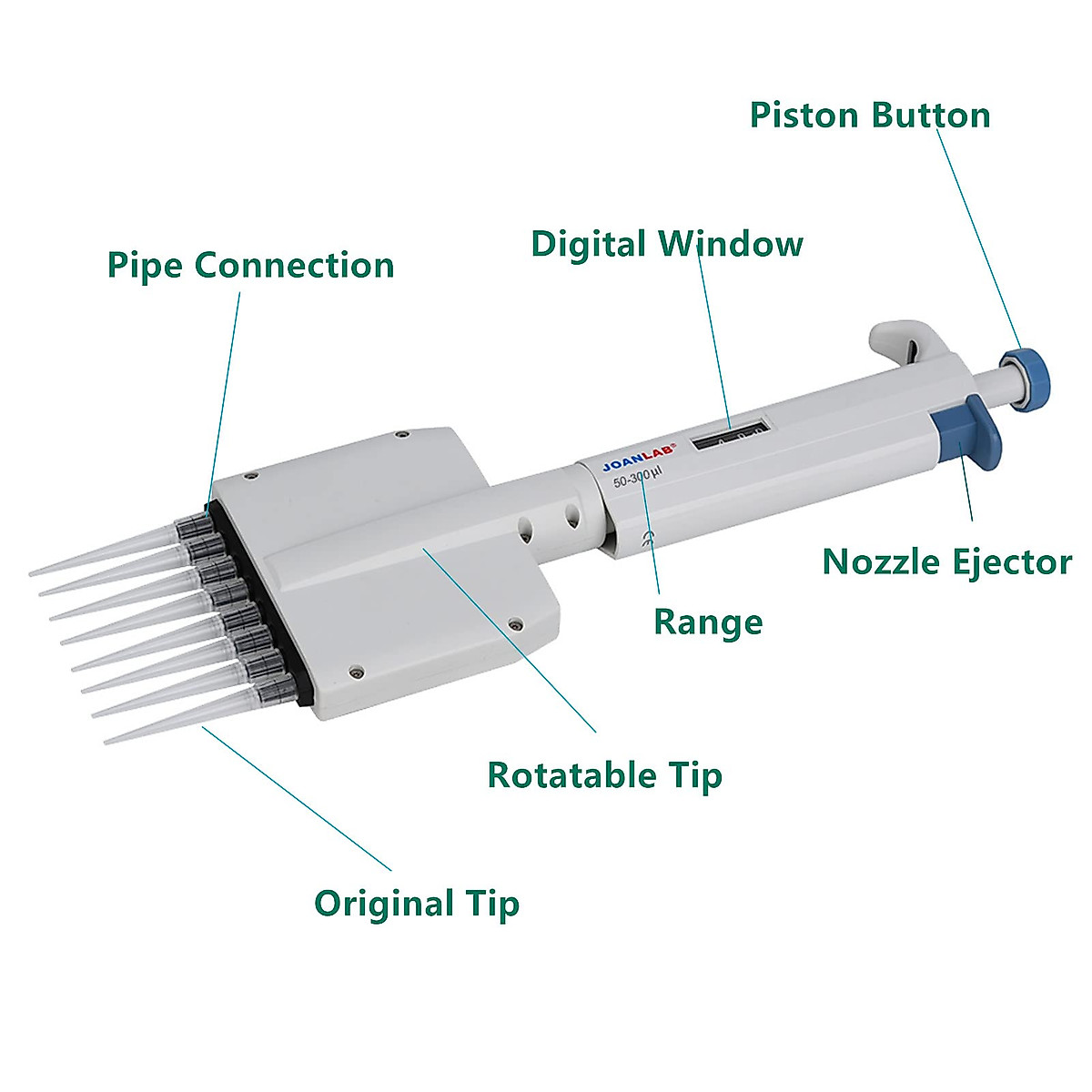 Lab Micropipette Adjustable Volume Pipettor 8-Channel Multichannel Pipett Micro Pipettes Variable Volume Pipettes for Scientific Lab and School 50-300渭l