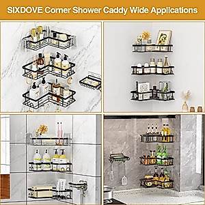 SIXDOVE 3-PACK Corner Shower Caddy- Corner Shower Shelf with 1 Soap Holder, Adhesive Shower Organizer with 18 Hooks, No Drilling Rustproof Stainless Steel Shower Rack Shelves for Bathroom & Kitchen
