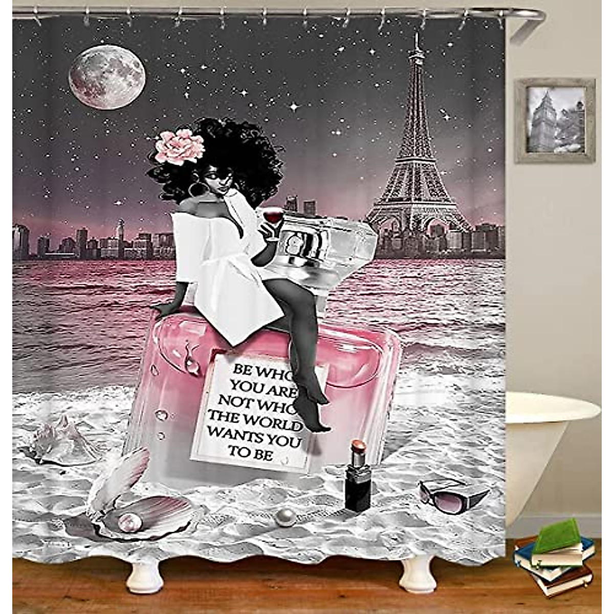 4 Pcs Perfume Paris Girl Shower Curtain Sets with 12 Hooks Waterproof Polyester Bathroom Sets with Rugs and Accessories-Bath Mat,Toilet Lid Cover,U-Shaped Mat,Black Girl Shower Curtain for Bathroom