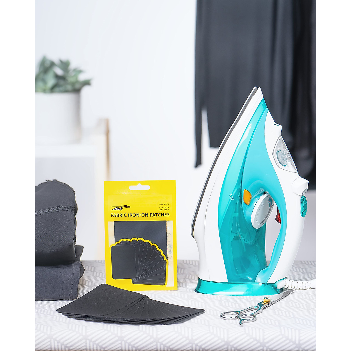 ZEFFFKA Premium Quality Fabric Iron-on Patches Inside & Outside Strongest Glue 100% Cotton Black Repair Decorating Kit 12 Pieces Size 3" by 4-1/4" (7.5 cm x 10.5 cm)