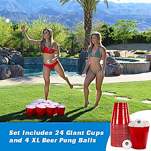 GoPong Giant Yard Pong Drinking Game for Adults – Indoor/Outdoor Lawn, Beach, and Tailgating Beer Pong Party Game – 24 Heavy Duty Giant Cups with 4 Balls