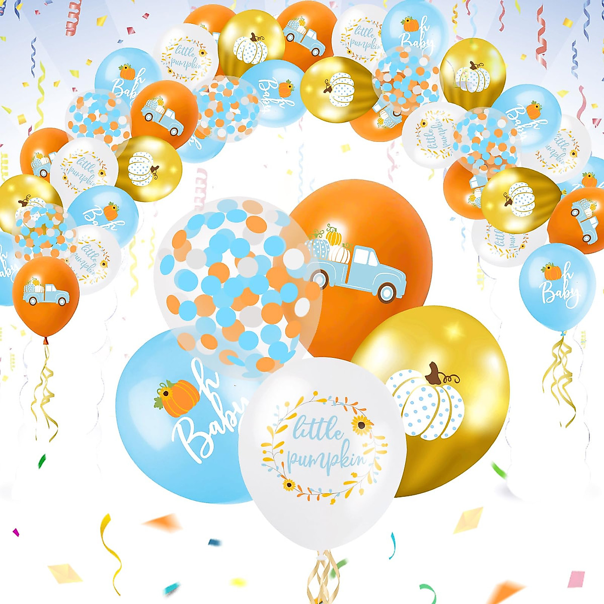 50 PCS Winter Little Pumpkin Party Balloons Baby Shower Balloons Maple Leaf Pumpkin Truck Gold Confetti Balloons for Birthday Little Pumpkin Baby Shower Wedding Christmas Party Decor
