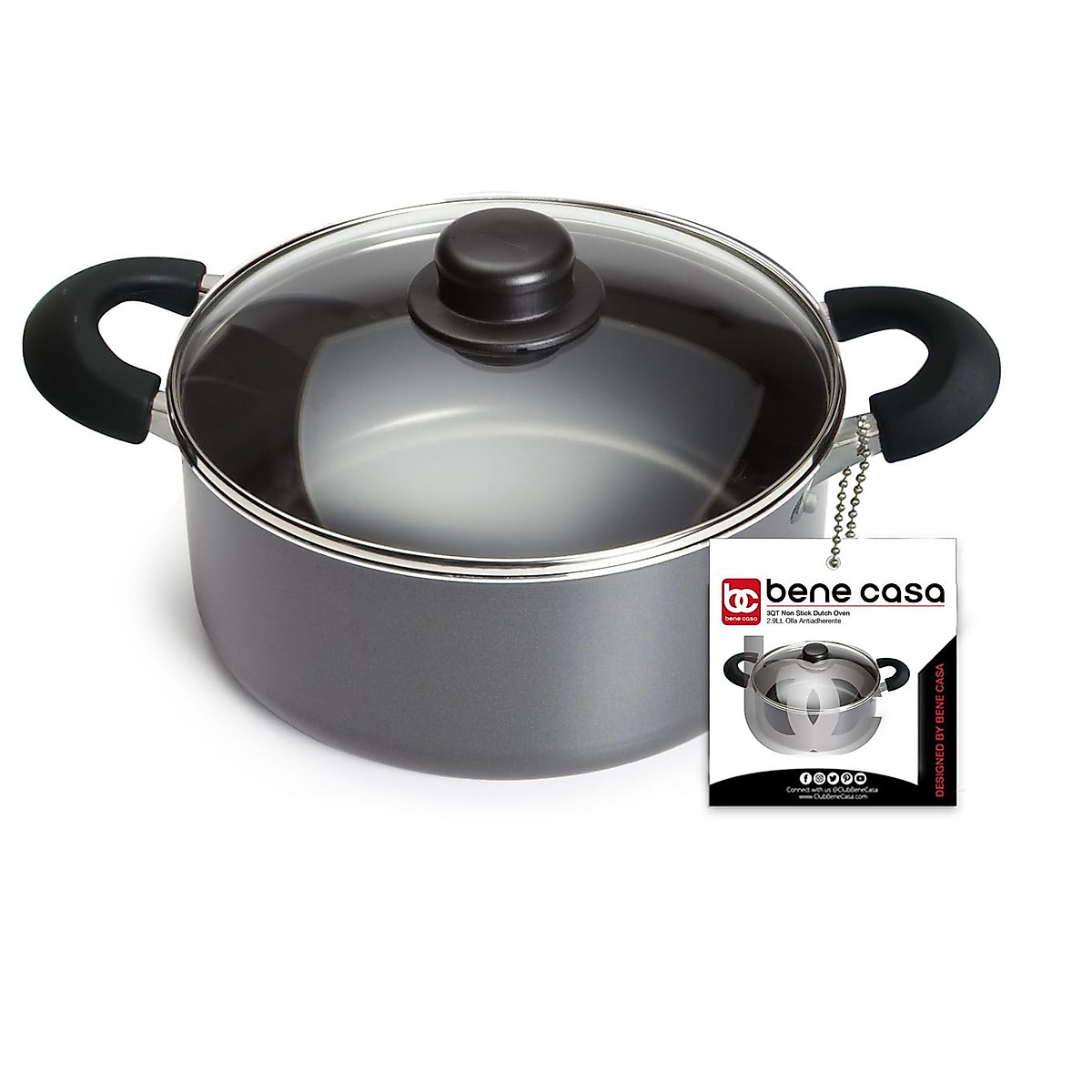 Bene Casa3-Quart Nonstick Dutch Oven Aluminum, Ventd Glass Lid, Stay-Cool Handles, Dishwasher Safe, Perfect for Simmering and Slow Cooking